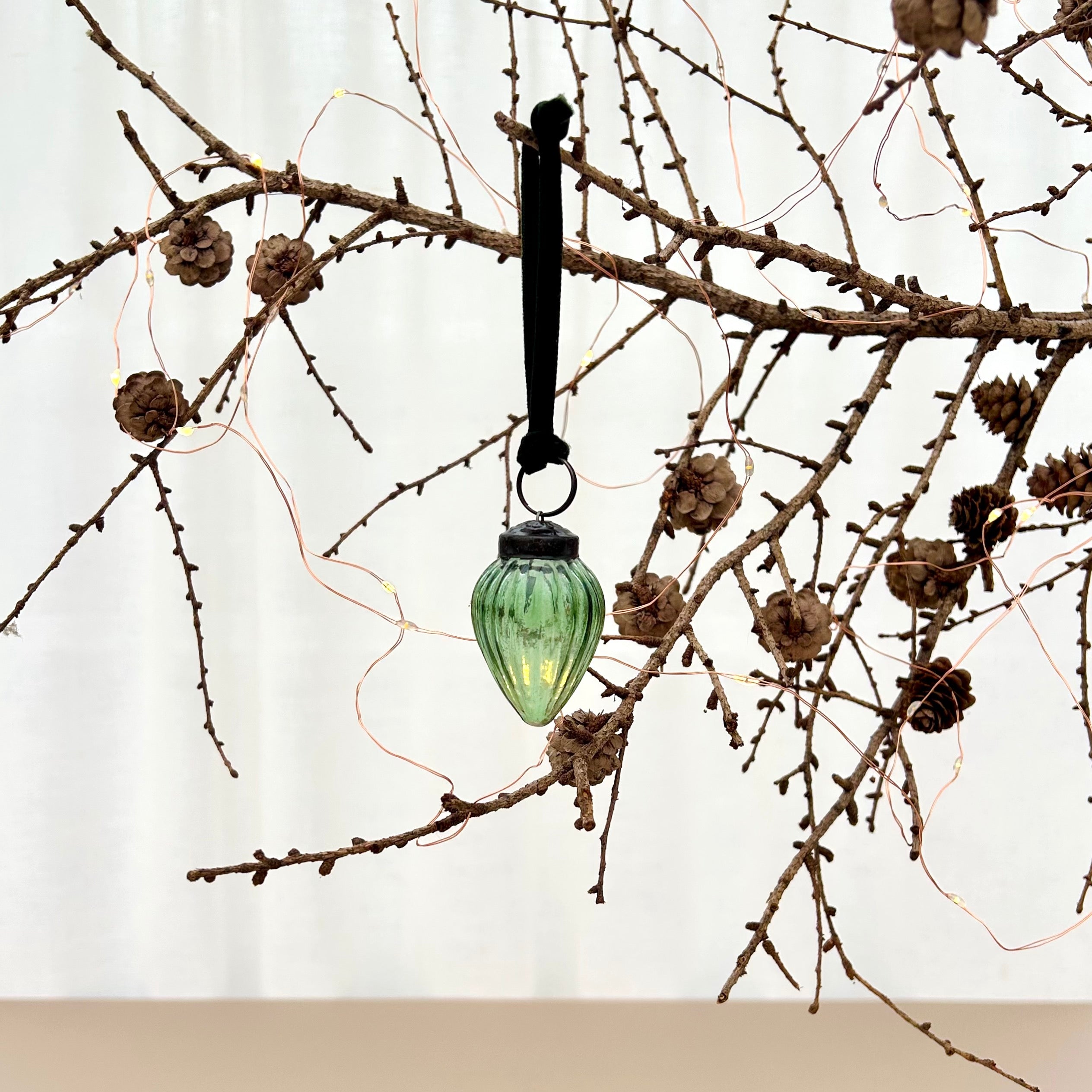 Green Ribbed Glass Decoration with Velvet Loop – Water Lane